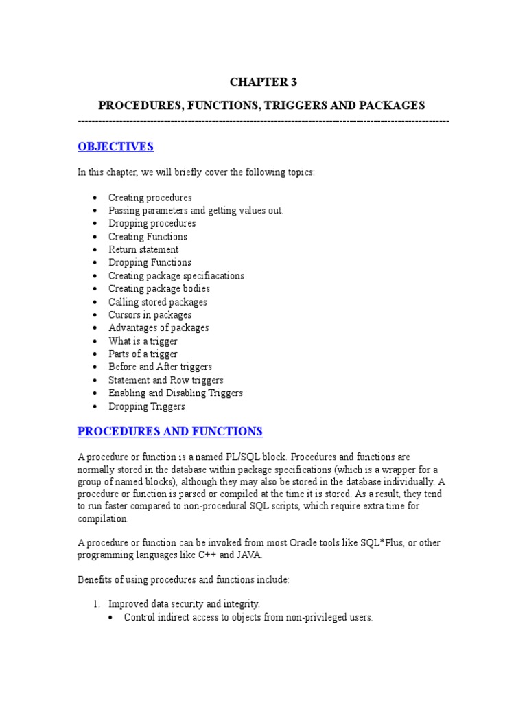 Procedures, Functions, Triggers and Packages: Objectives | Download Free PDF | Pl/Sql | Subroutine