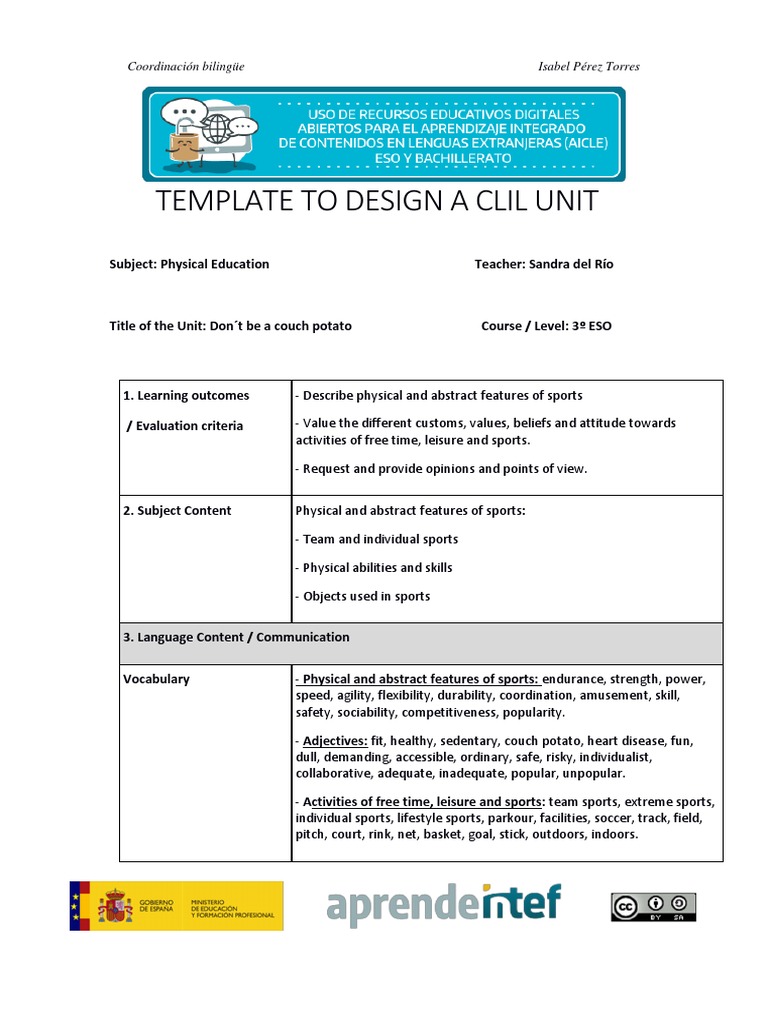 Template To Design A Clil Unit: Coordinación Bilingüe Isabel Pérez Torres | PDF | Linguistics ...