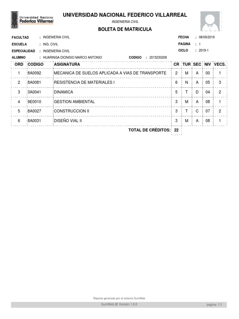 Boleta de Matriculla Unfv | PDF