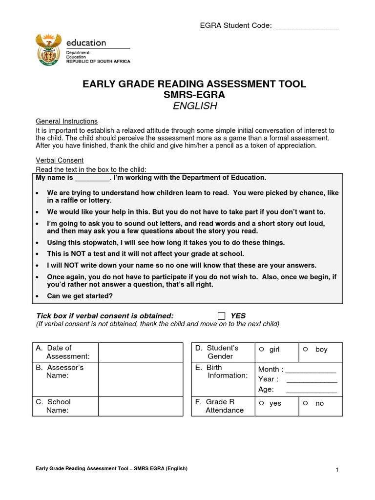 Early Grade Reading Assessment Tool Smrs-Egra: English | PDF ...
