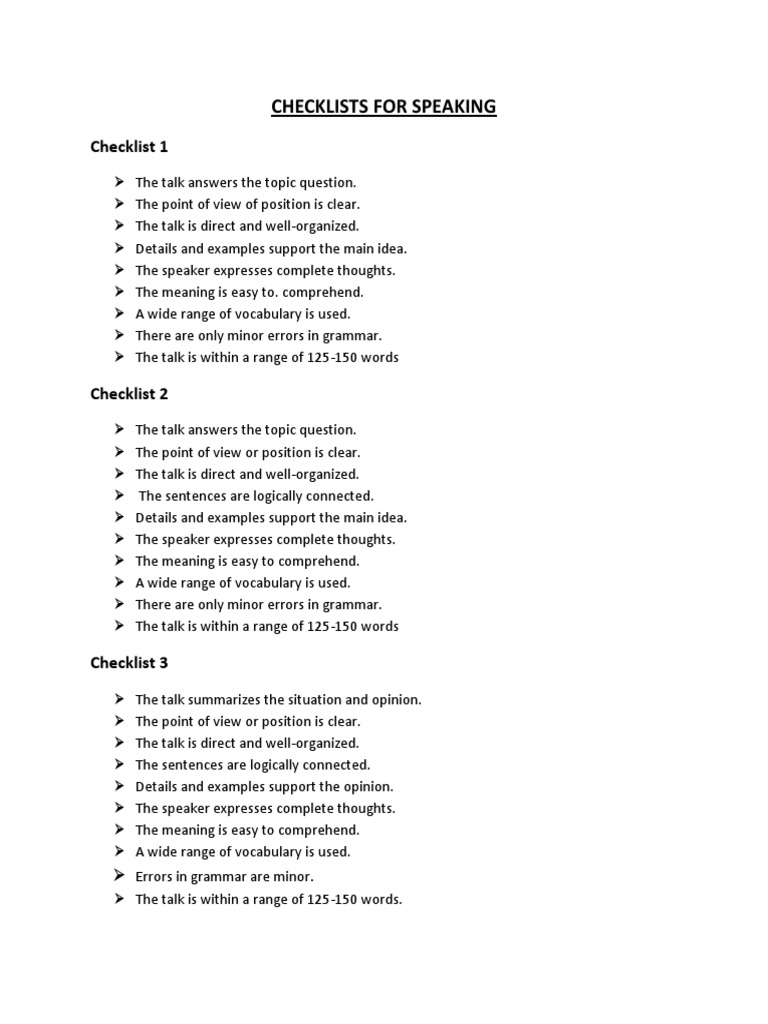 Checklists For Speaking | PDF | Question | Word
