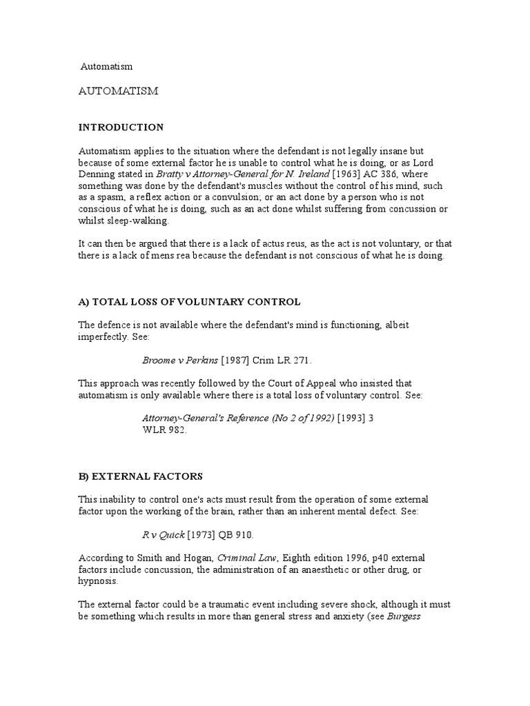 Automatism defence and insanity | PDF | Insanity Defense | Legal Procedure
