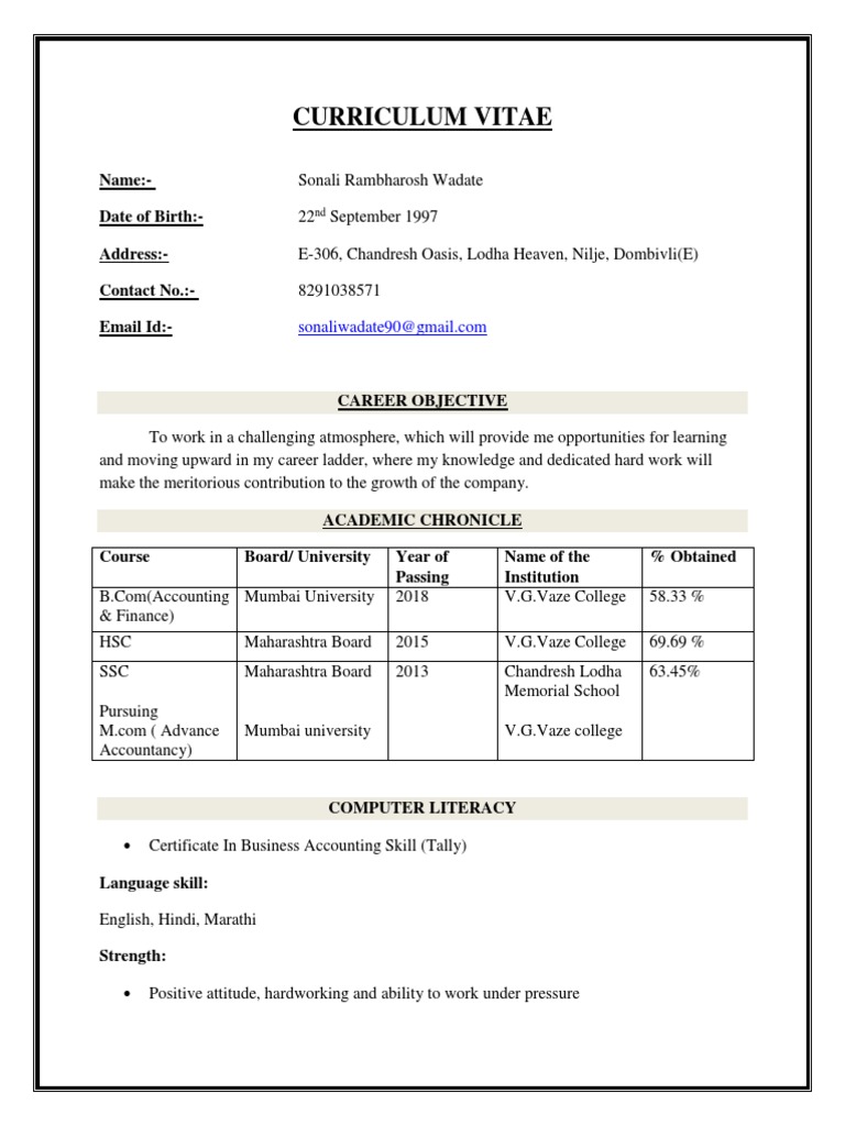 Curriculum Vitae: Name:-Date of Birth: - Address: - Contact No ...
