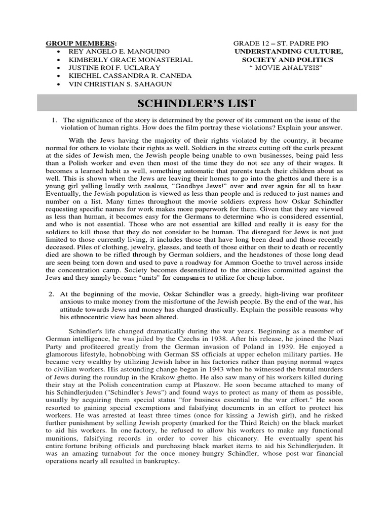 Movie Analysis Schindlers List | PDF | Nazi Germany | Violence