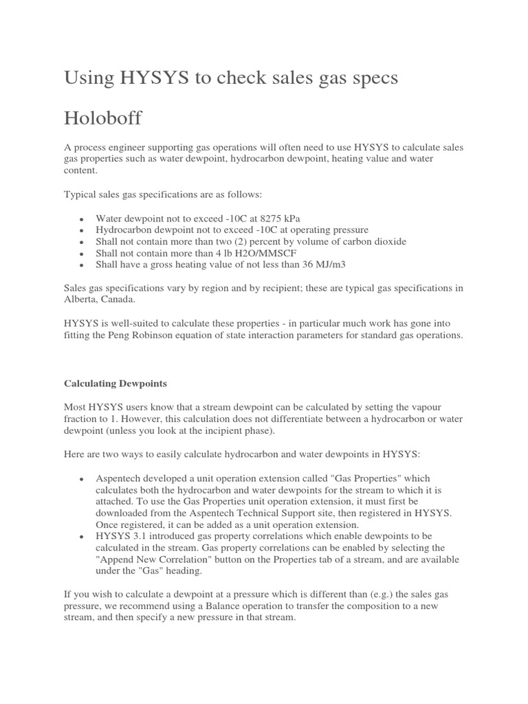 Using HYSYS To Check Sales Gas Specs | PDF | Gases | Water