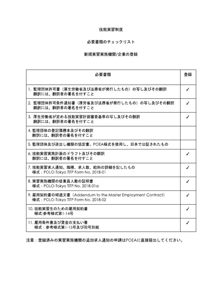 (Japanese) TITP Checklist - New Implementing Organizations PDF | PDF