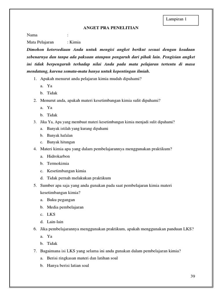 Angket Pra Penelitian | PDF