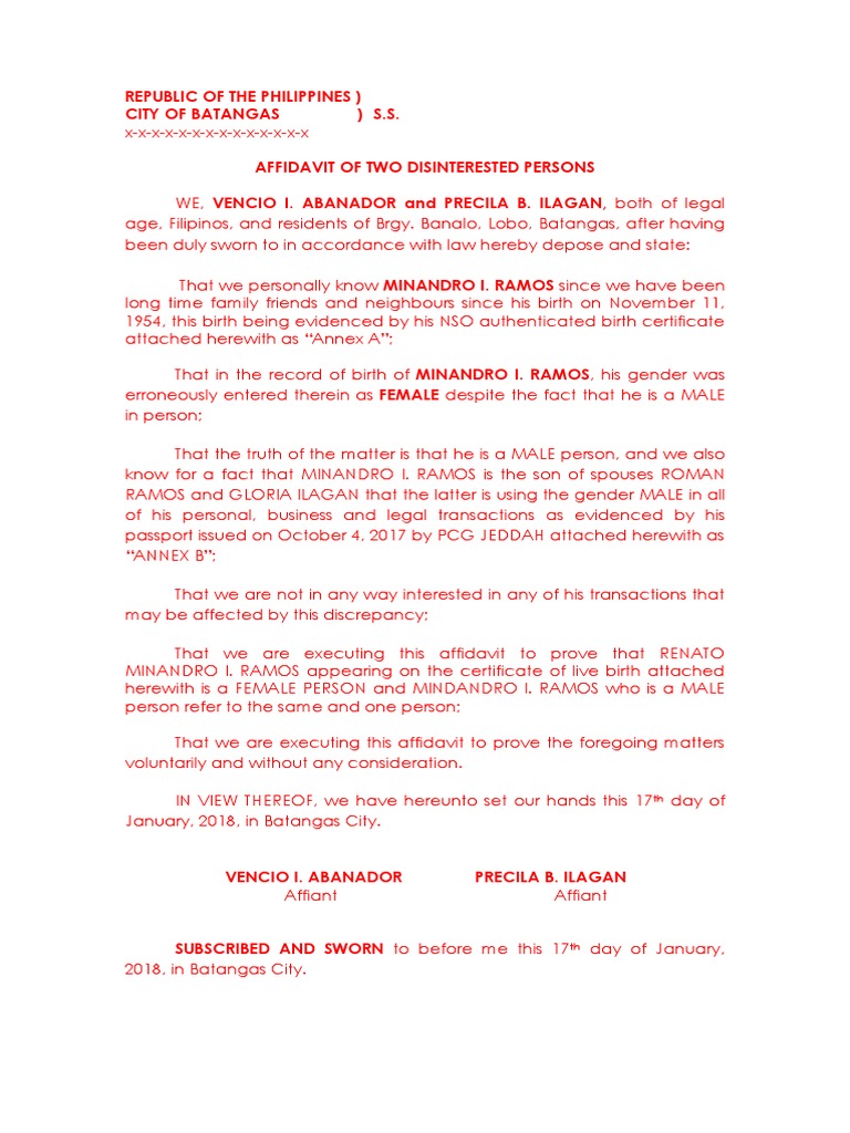 Affidavit - 2 Disinterested - MALE | PDF