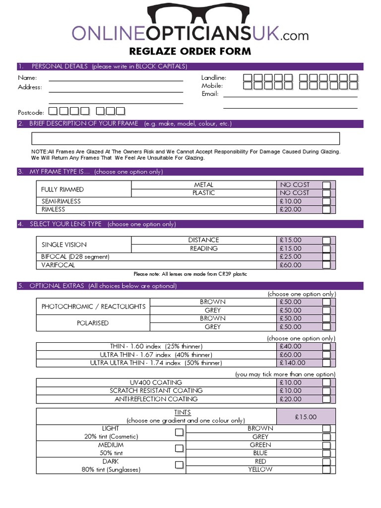 Online Opticians UK Glasses Reglaze Order Form PDF | PDF | Lens (Optics ...