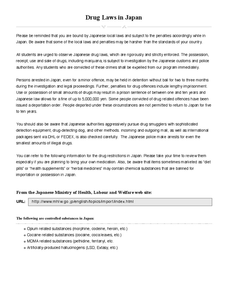 Drug Laws in Japan: From The Japanese Ministry of Health, Labour and ...