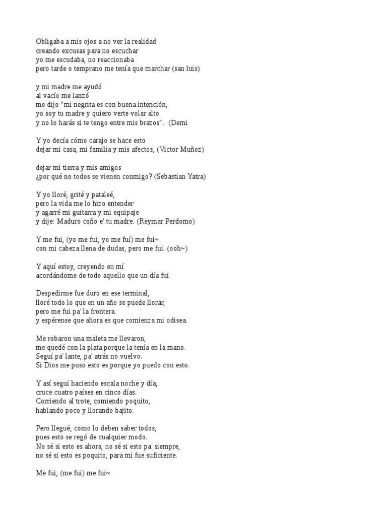 Letra de La Canción "Me Fuí", de Rymar Perdomo | PDF