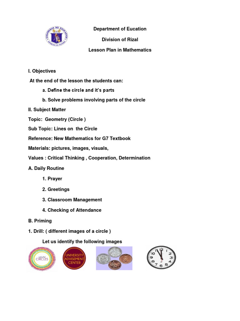 Detailed Lesson Plan Math | PDF | Circle | Tangent