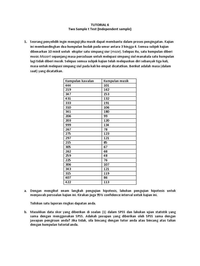 TUTORIAL 6 GB6023 Ujian T Dua Sampel Independent | PDF