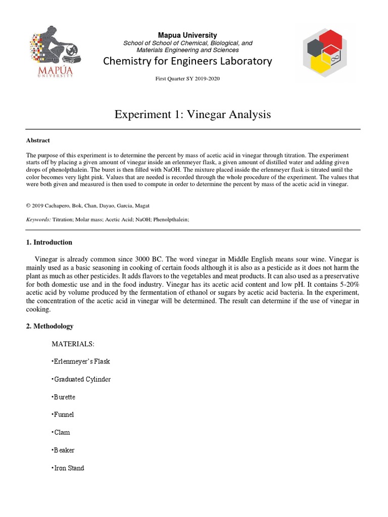 Experiment 1: Vinegar Analysis: Chemistry For Engineers Laboratory ...