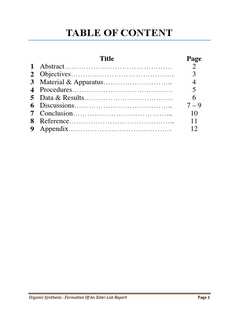 Table of Content: Organic Synthesis: Formation of An Ester Lab Report ...