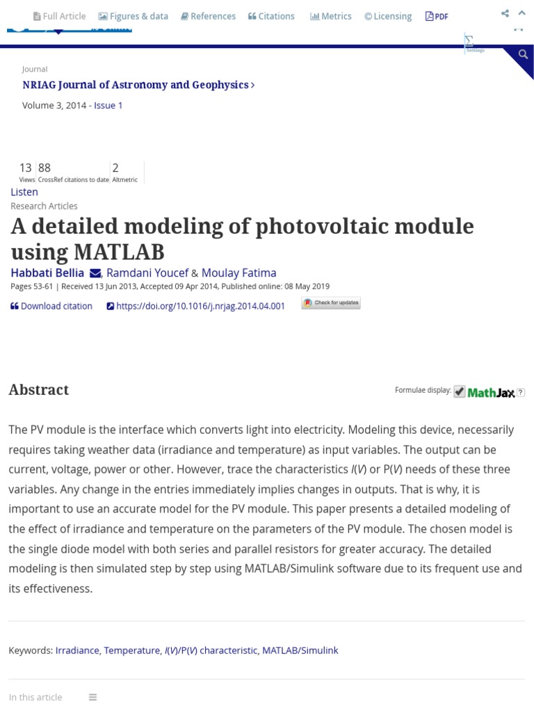 A Detailed Modeling of Photovoltaic Module Using MATLAB - NRIAG Journal ...