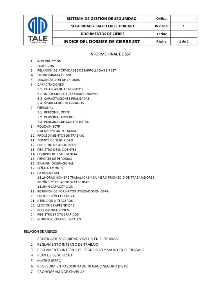 Indice Del Dossier de Seguridad SST | PDF