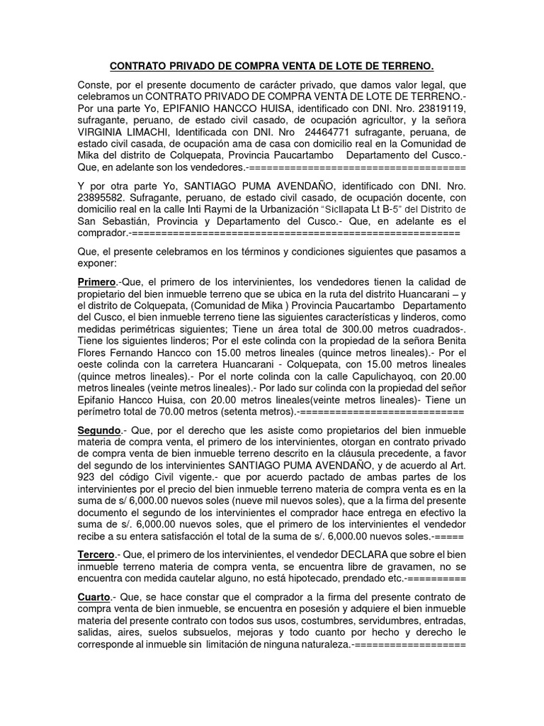 Contrato Privado de Compra Venta de Lote de Terreno | PDF | Derecho y economía | Propiedad