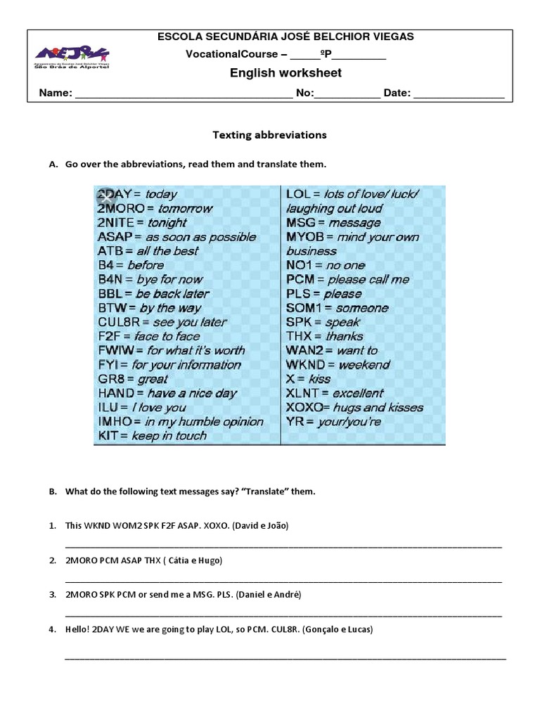 Worksheet Texting Abbreviations | PDF | Foreign Language Studies