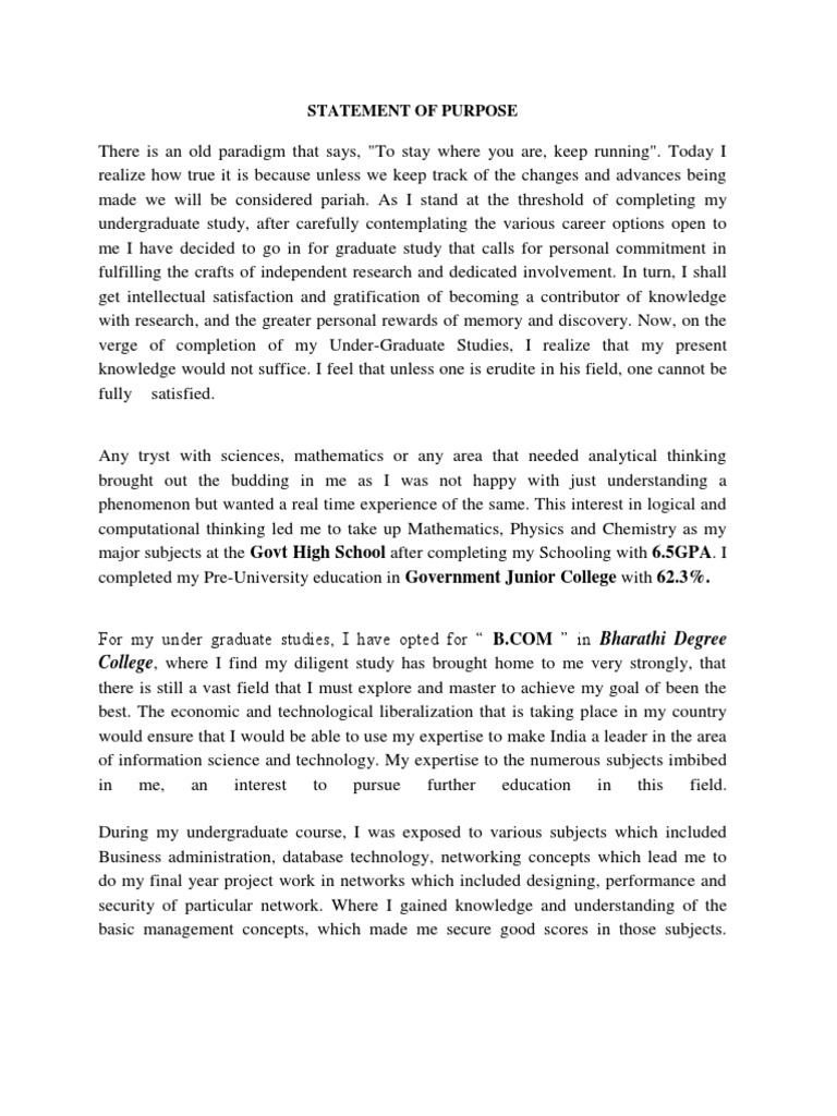 Statement of Purpose: College, Where I Find My Diligent Study Has ...