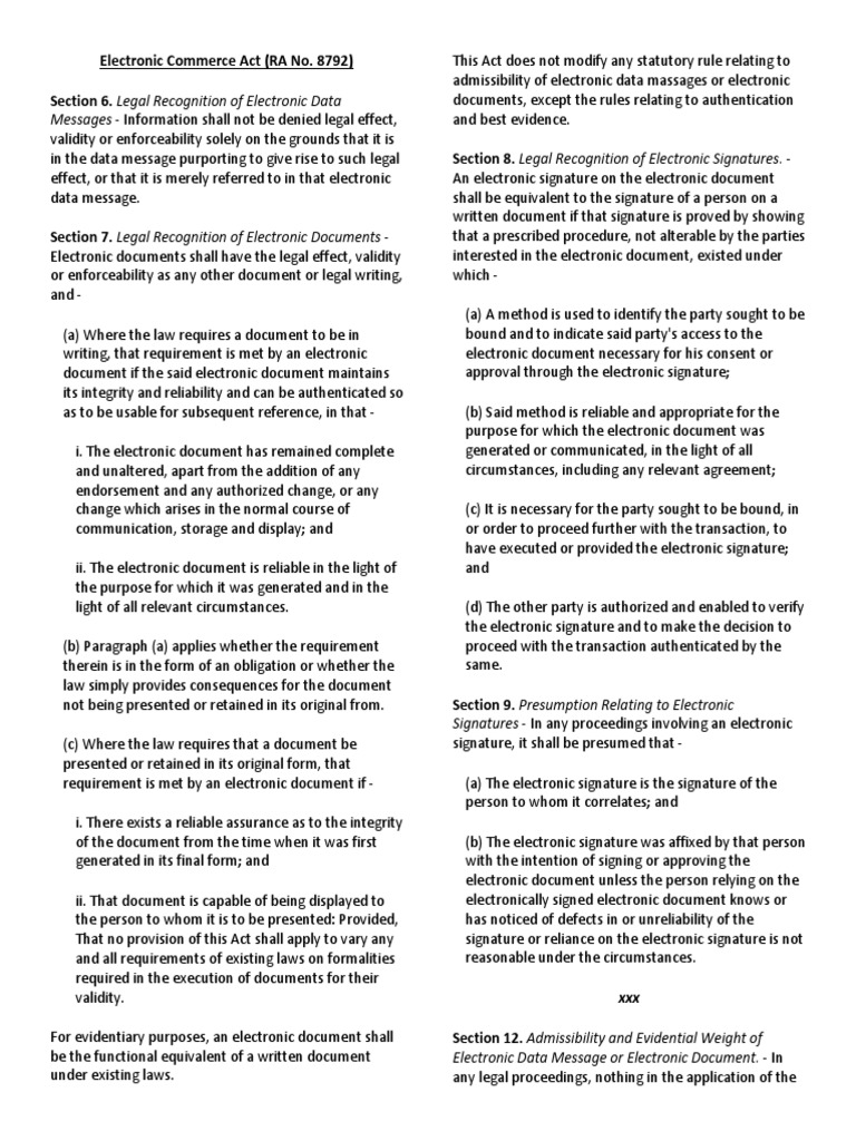 Electronic Commerce Act (RA No. 8792) | PDF | Signature | Evidence (Law)