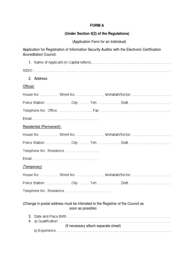Form A (Under Section 4 (2) of The Regulations) | PDF | Identity ...