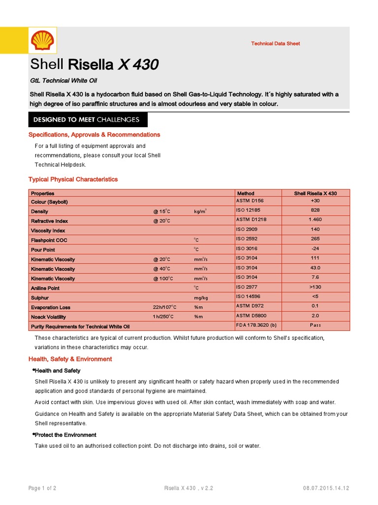 Technical Data Sheet for Shell Risella X 430 GtL White Oil | PDF ...