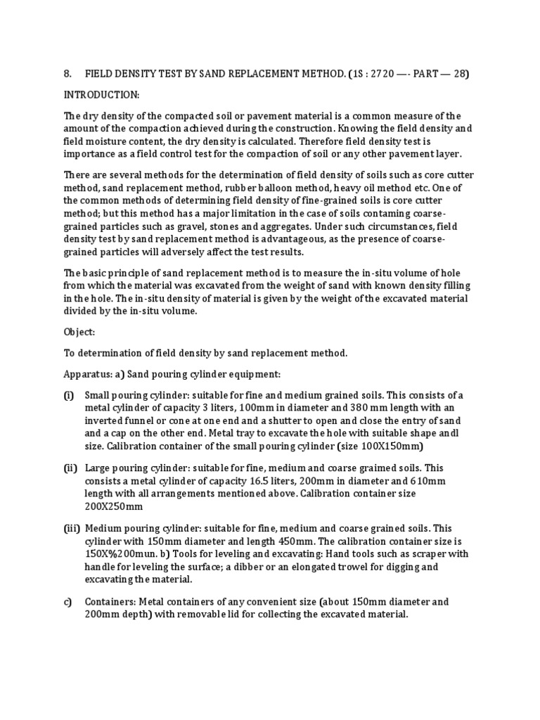 Field Density Test by Sand Replacement Method | PDF | Density | Soil