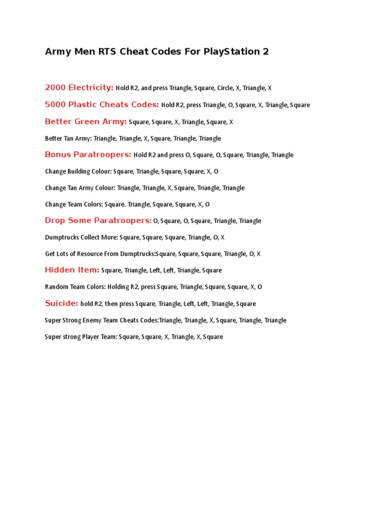 Army Men Rts Cheat Codes For Playstation 2 | PDF | History