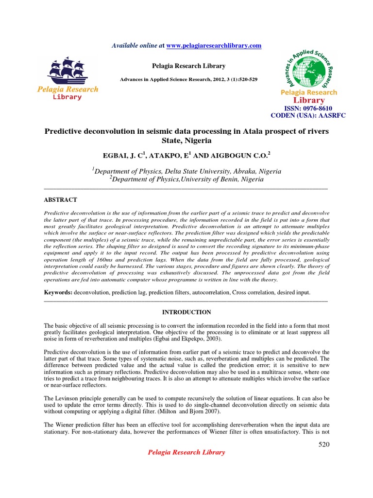 Predictive Deconvolution in Seismic Data Processing in Atala Prospect ...