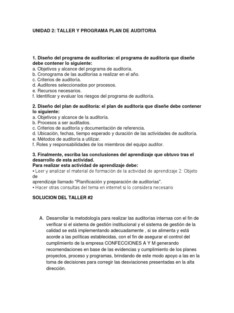 Taller Programa y Plan de Auditoria | PDF | Auditoría | Contralor