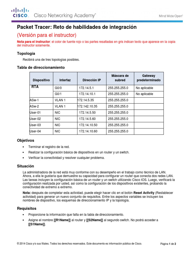 16 - Packet Tracer Skills Integration Challenge Instructions | Descargar gratis PDF | Enrutador ...