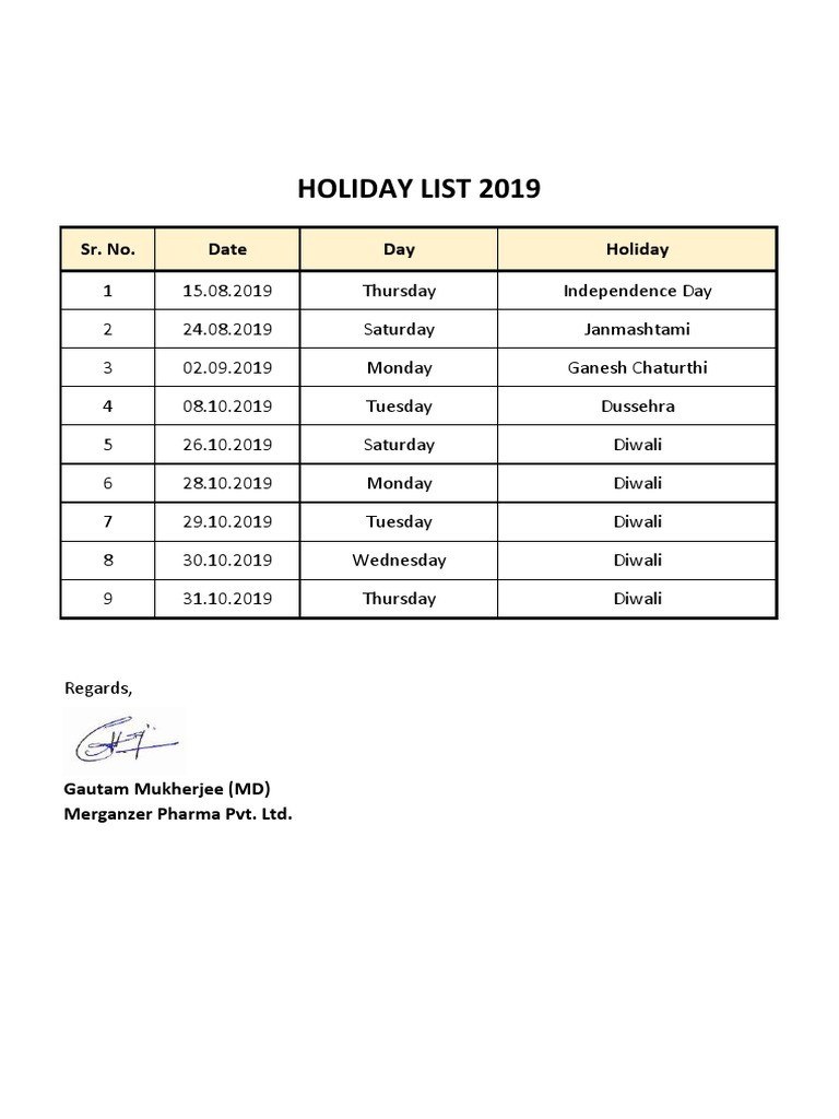 2019 Holiday Schedule India | PDF