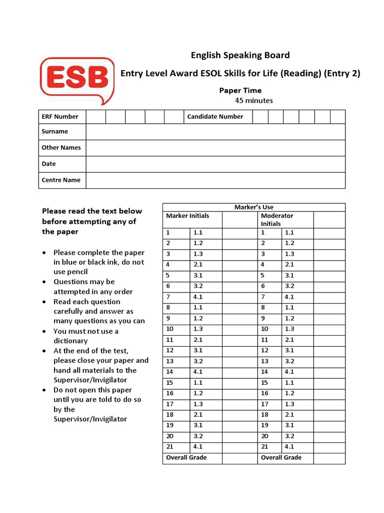 English Speaking Board Entry Level Award ESOL Skills For Life (Reading ...