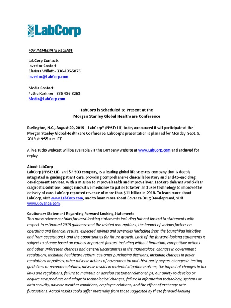 For Immediate Release: Labcorp Contacts | PDF | Form 10 K | Health Care