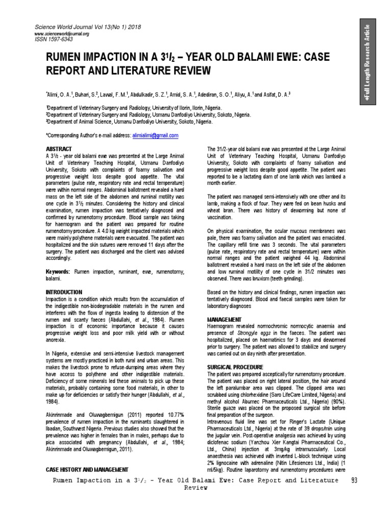 Rumen Impaction in A 3 / - Year Old Balami Ewe: Case Report and ...