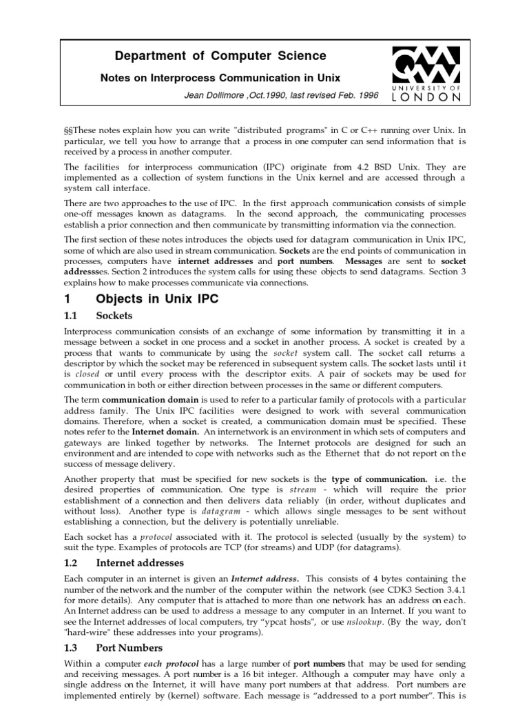 Notes On Unix Ipc Datagram And Stream Communication Pdf Network