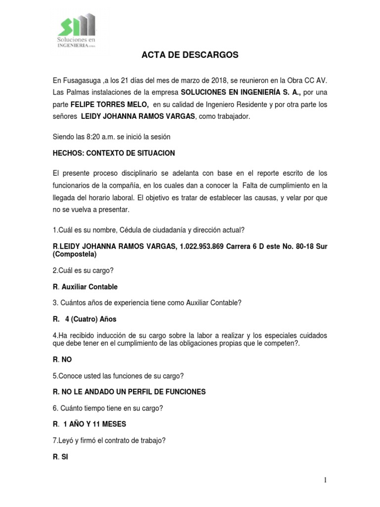 Acta de Descargos Leidy (Autoguardado) | PDF | Agitación