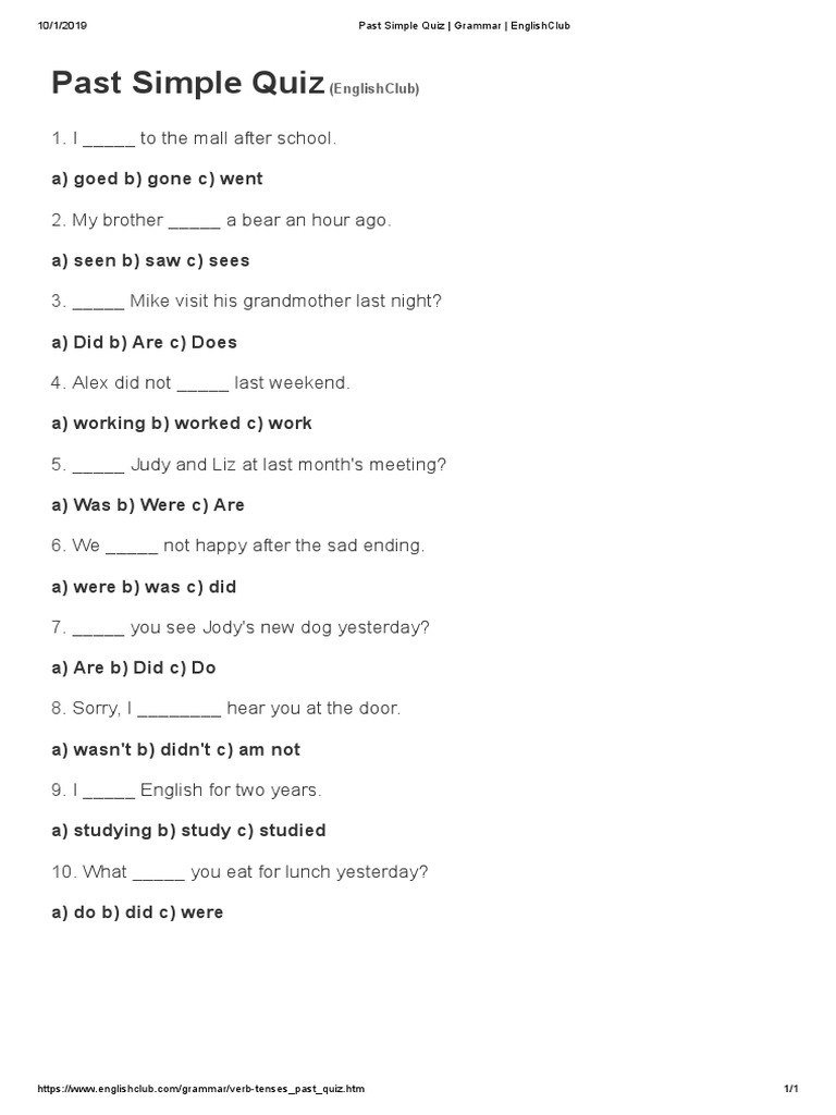 Past Simple Quiz - Grammar - EnglishClub PDF | PDF