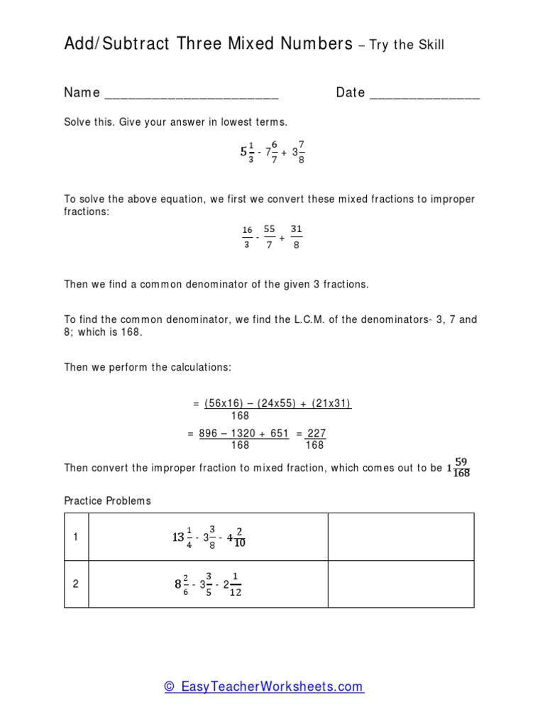 Add/Subtract Three Mixed Numbers: Try The Skill Name - Date | PDF