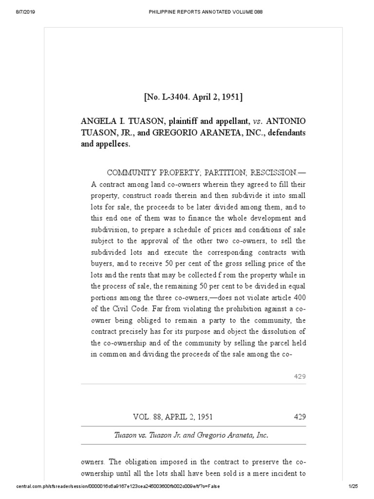 Tuason v. Tuason, Jr. and Araneta, Inc. (1951) | PDF | Concurrent ...
