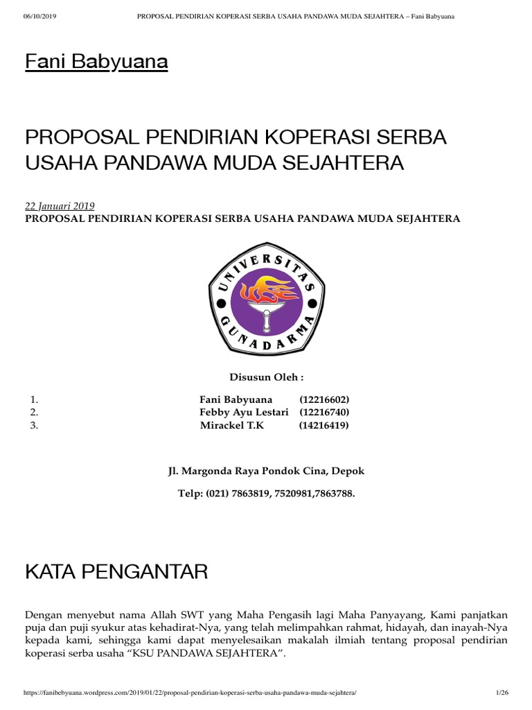 Proposal Pendirian Koperasi Serba Usaha Pandawa Muda Sejahtera | PDF