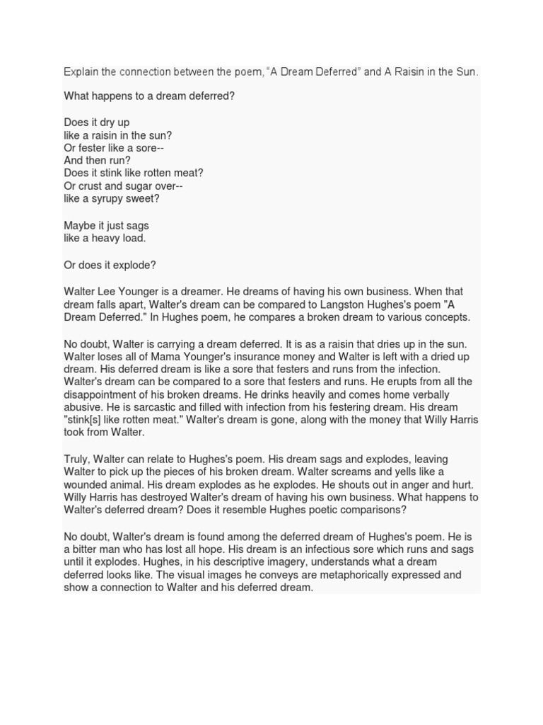 Connection Between "A Dream Deferred" and A Raisin in the Sun | PDF ...