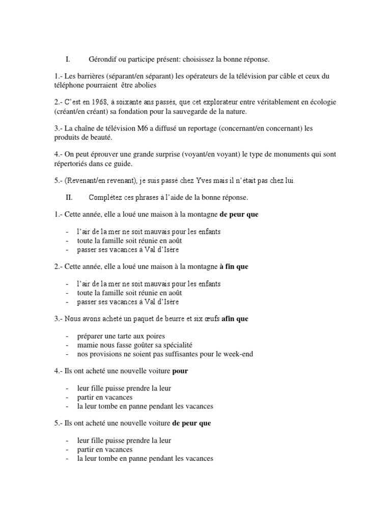 Gérondif et participe présent : exercices | PDF