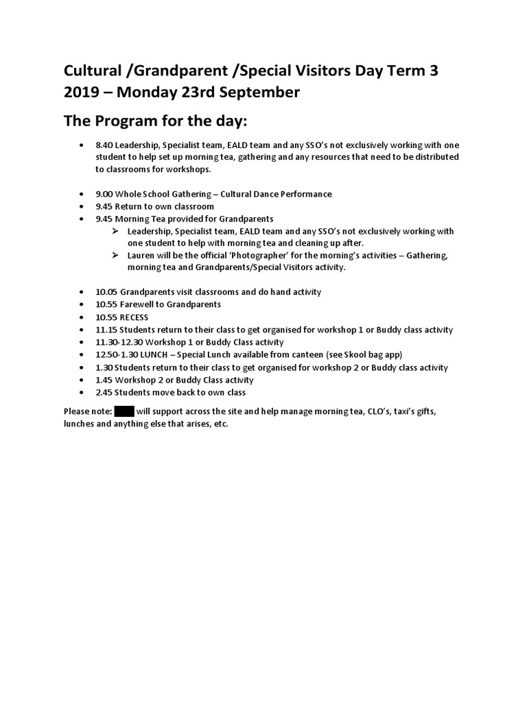 Cultural /grandparent /special Visitors Day Term 3 2019 - Monday 23rd ...