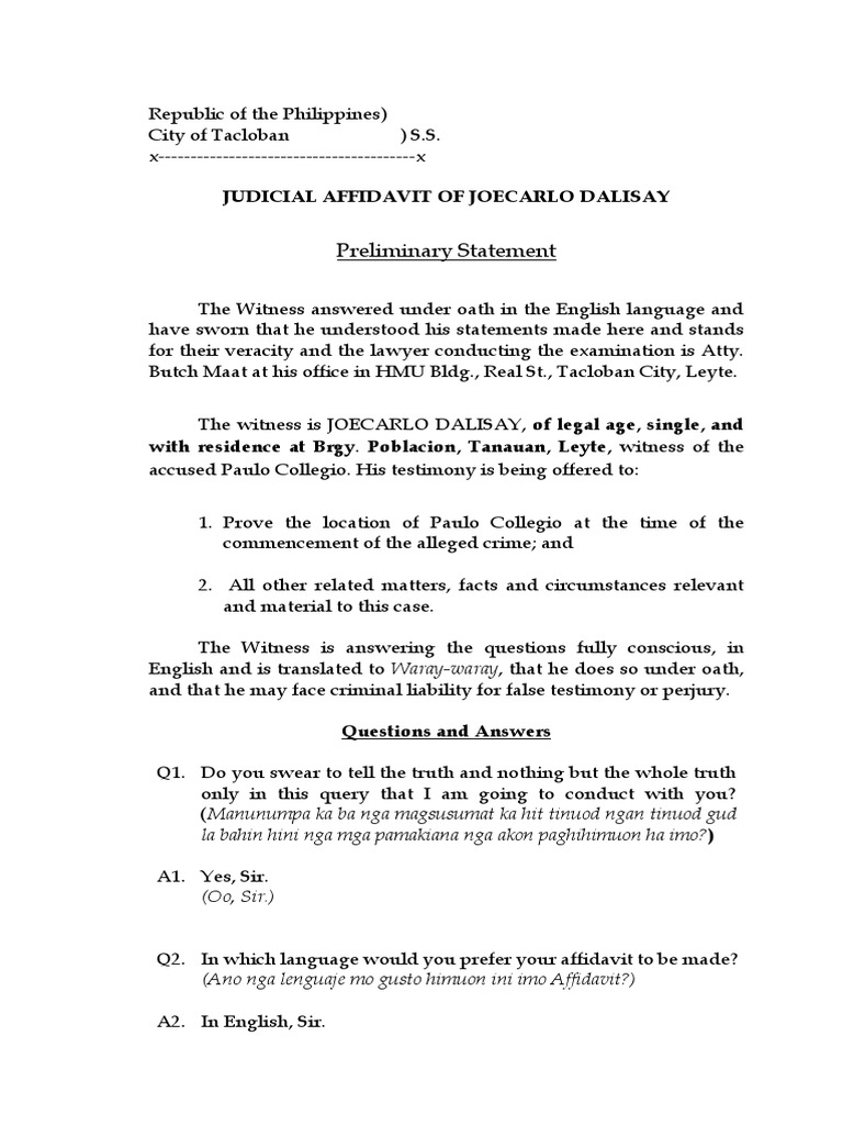 Judicial Affidavit of Joecarlo Dalisay: Preliminary Statement | Download Free PDF | Perjury ...