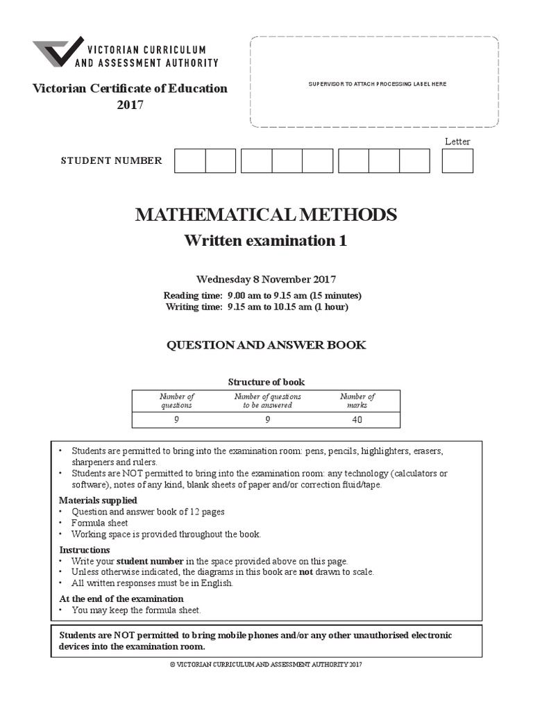 Mathematical Methods: Written Examination 1 | PDF | Variance | Standard Deviation