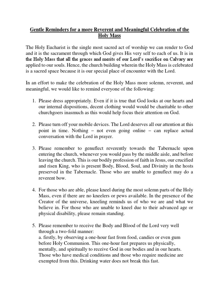 Reminders For Mass | PDF | Eucharist | Mass (Liturgy)