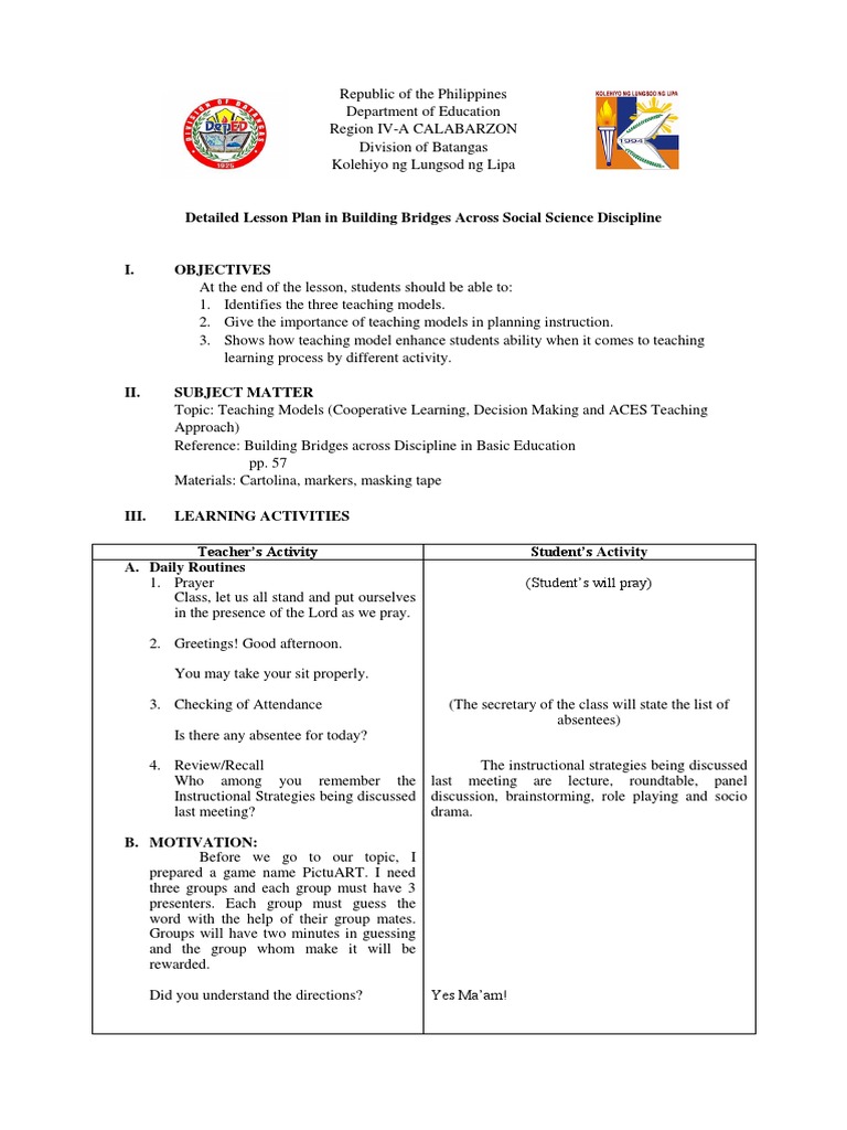 Detailed Lesson Plan in Building Bridges Across Social Science ...