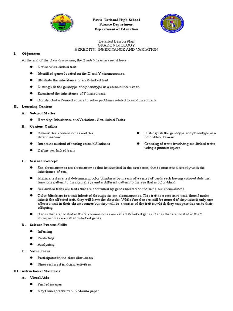Detailed Lesson Plan Grade 9 Biology Heredity: Inheritance and ...